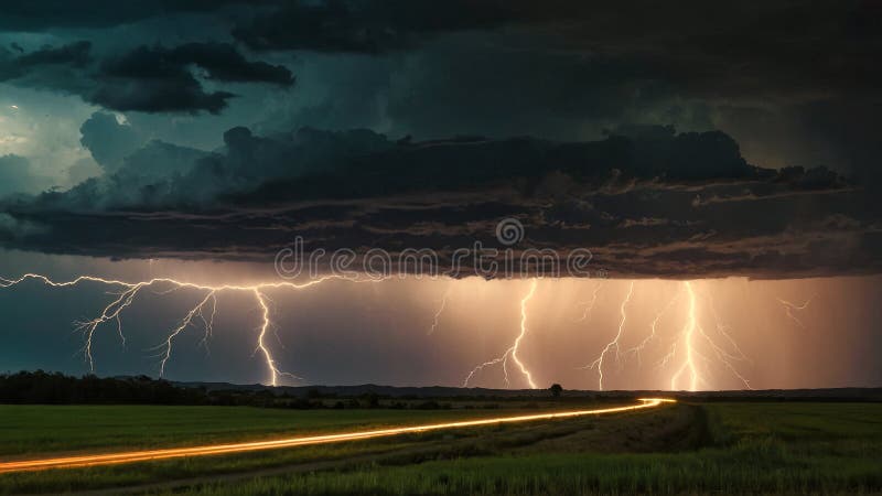Intense Lightning Storm Over Open Fields at Night. Night Sky Stormy ...