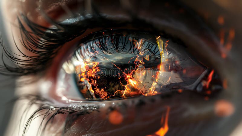 Intense Macro Shot of Human Eye with Fiery Reflections and Explosive ...
