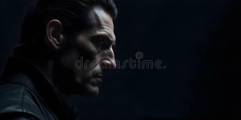 Intense Man Profile in Shadowy Light Wearing Leather Jacket Stock ...