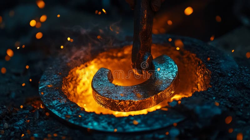 An Intense Moment in a Forge Where Molten Metal Flows. Sparks Fly As ...