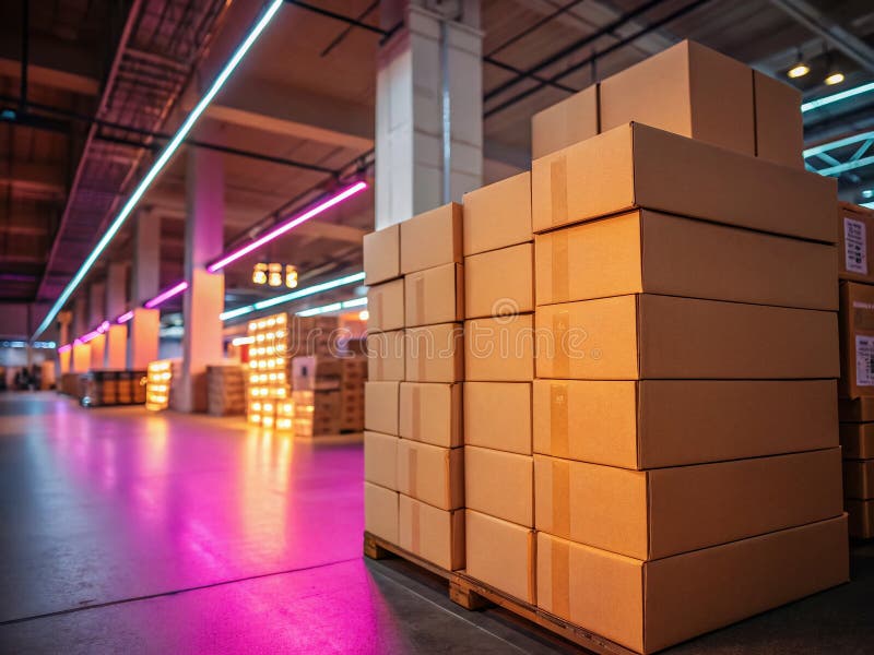 Intense Neon Glow Illuminates Stacked Cardboard Boxes in a Warehouse ...
