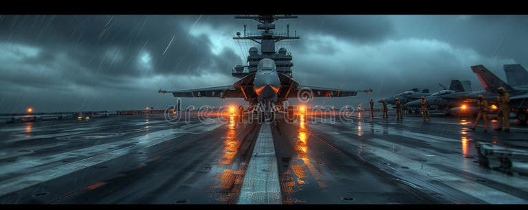 Intense Night Operations on an Aircraft Carrier Flight Deck Under Rain ...