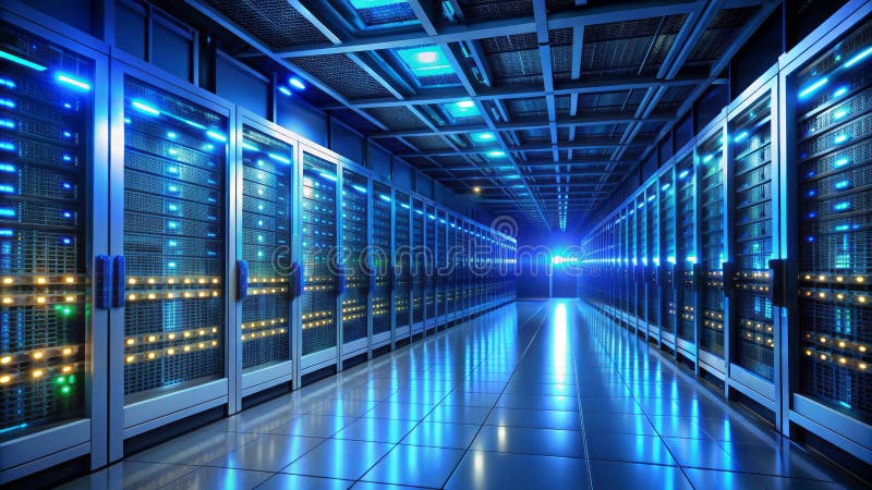 Intense Nighttime it Operations a Deserted Server Room Under Eerie Blue ...