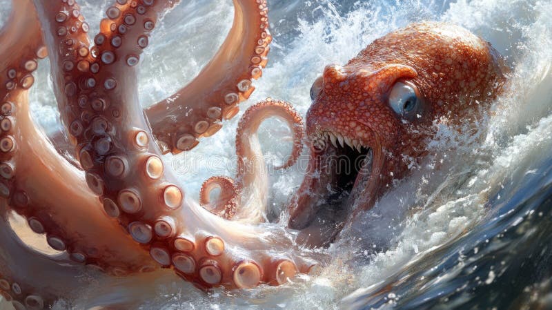 Intense Ocean Battle with Giant Orange Octopus in Tumultuous Waves ...