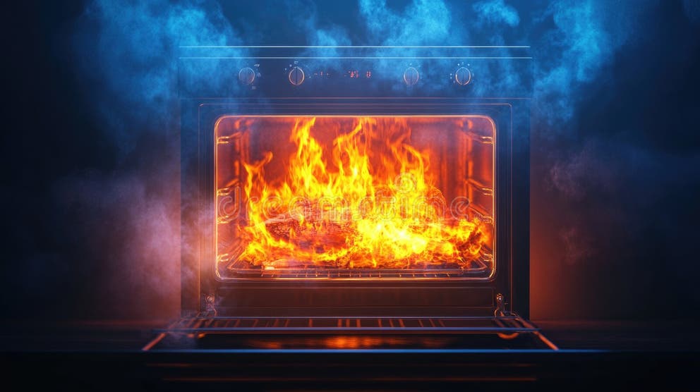 Intense Oven Fire with Flames and Smoke in Kitchen Setting Stock Image ...