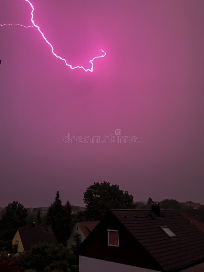 Intense Pink Lightning Bolt Illuminated the Night Sky Stock Image ...