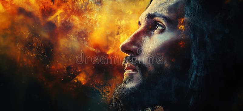 Intense Profile Portrait of a Man with Fiery Background and Dramatic ...