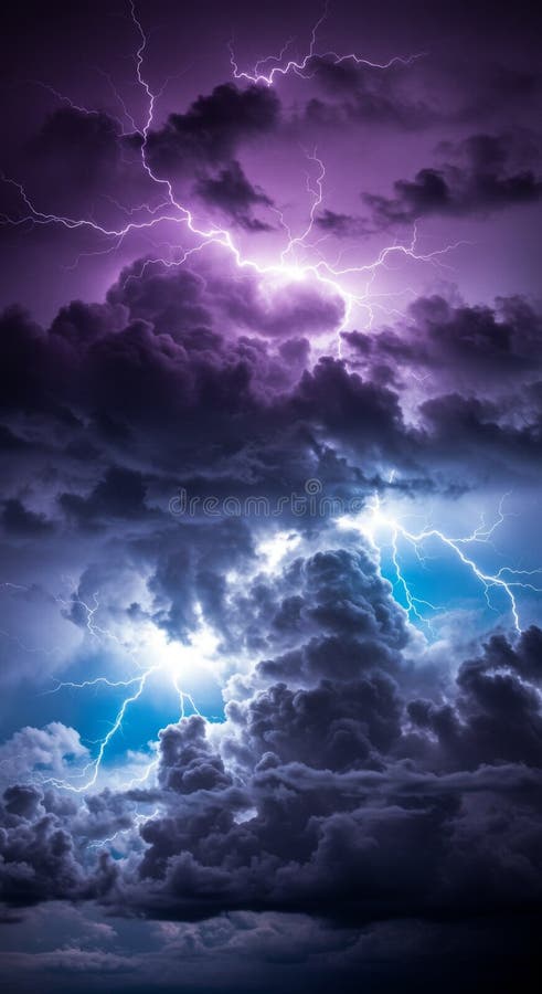 Intense Purple and Blue Lightning Storm at Night Stock Illustration ...