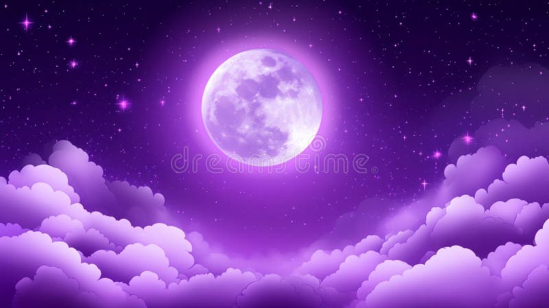 An Intense Purple Moon Rises Over a Night Sky Filled with Dreamy Clouds ...