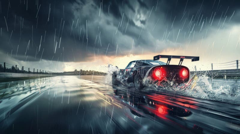 Intense Racing Dynamic Car Breaking through Stormy Puddle with Dramatic ...