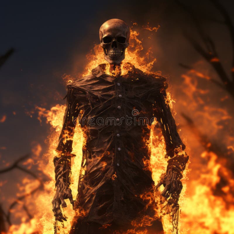 Intense and Realistic Rendering of a Skeleton Standing on Fire Stock ...