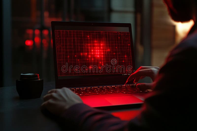 Intense Red Glow Laptop Screen Hacker Typing Secret Code Night Stock ...