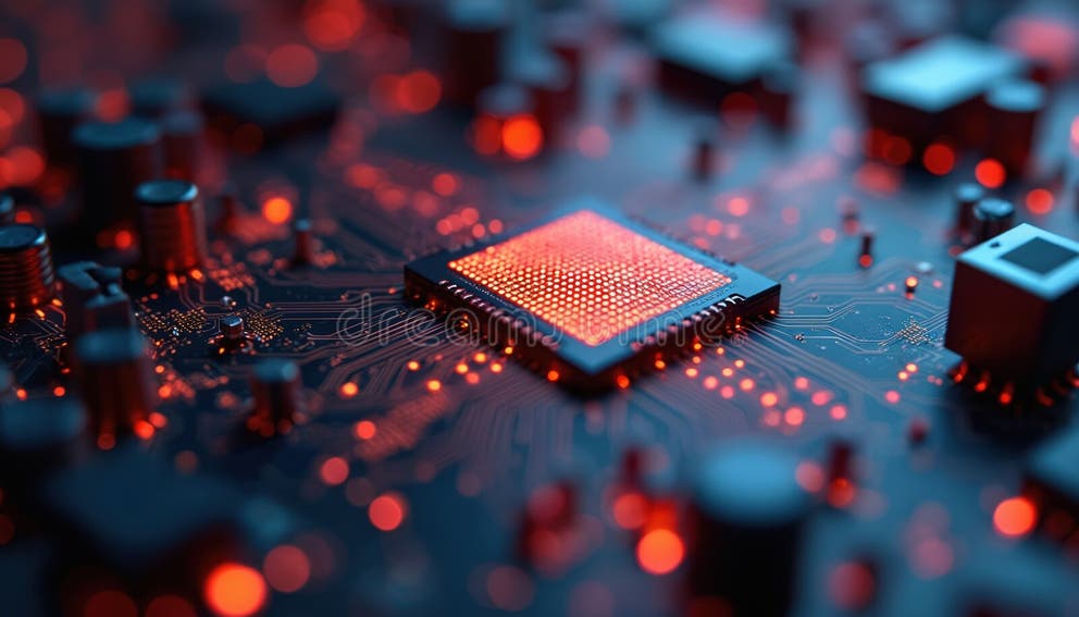 Intense Red Light Illuminates Complex Computer Circuit Board. Digital ...