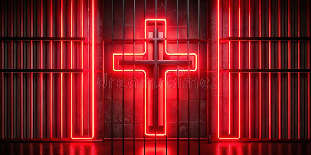 Intense Red Neon Cross Illuminates a Darkened Prison Cell a Dramatic ...