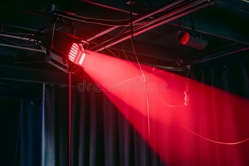 Intense Red Spotlight on Stage in Dimly Lit Theater with Visible Cables ...