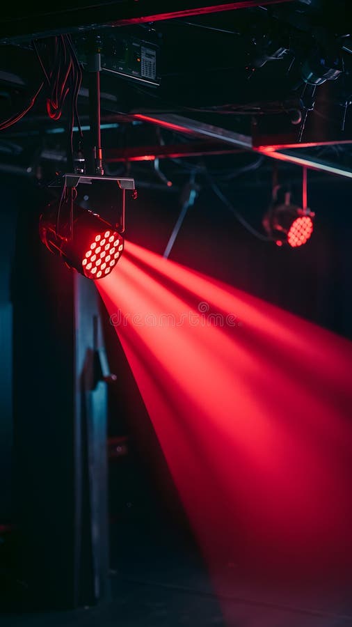 Intense Red Spotlight on Stage in Dimly Lit Theater with Visible Cables ...