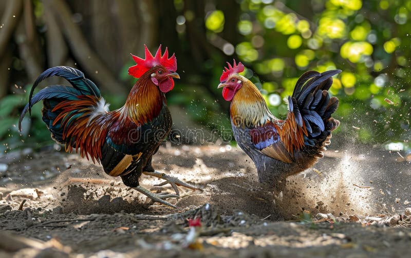 Intense Rooster Fight in a Dusty Field with Flapping Wings and Clashing ...