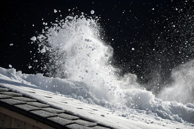 Explosion of Snow Falling from Roof Against Black Background Stock ...