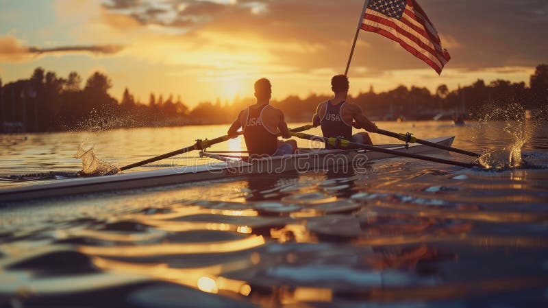 Intense Teamwork: American Rowers in Double Sculls at Sunrise Stock ...