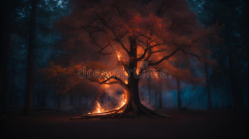 Burning Tree in the Forest at Night. Stock Image - Image of flame ...