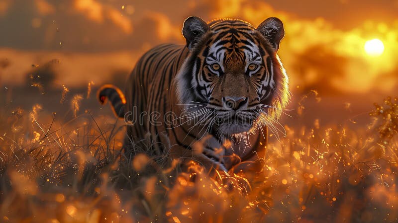 Intense Tiger with Striking Stripes Crouching in the Tall Grass, Eyes ...