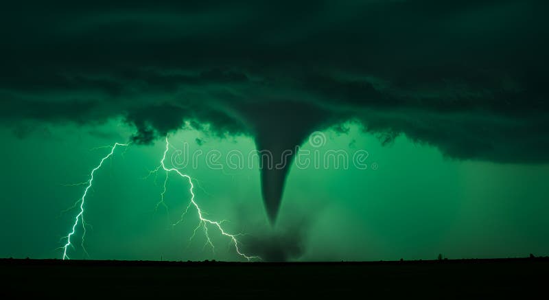 Intense Tornado with Lightning Strikes Creates a Dramatic Weather Scene ...