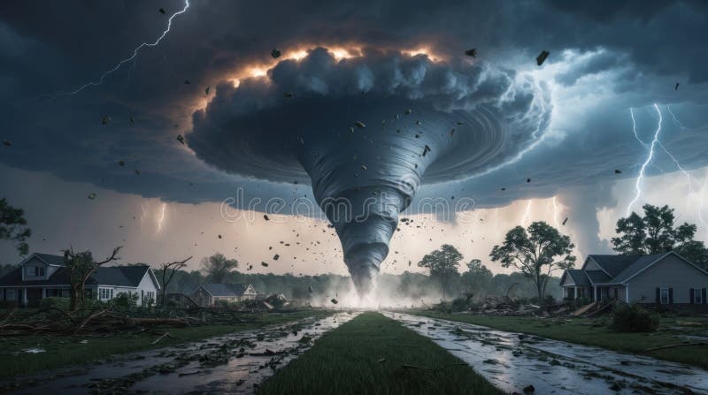 Intense Tornado Touching Down Amidst Stormy Skies and Devastated ...