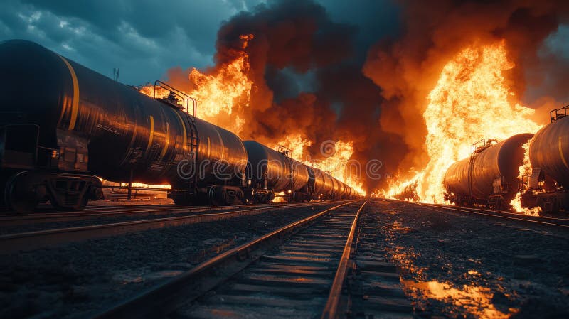 Intense Train Fire Scene with Exploding Tank Cars at Sunset with ...