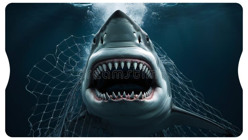 Intense Underwater Scene: a Large Shark Cutting through a Net with Its ...
