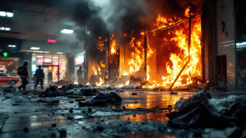 Intense Urban Fire with Firefighters Battling Flames in a Burning ...