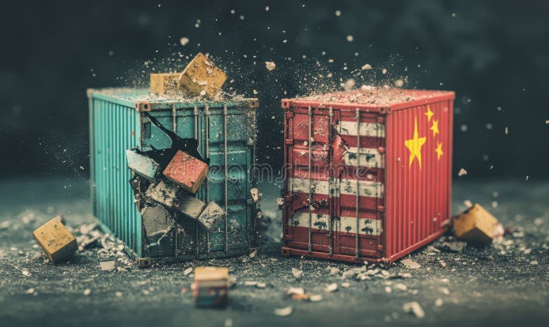 Destruction of Trade Containers Symbolizing China and America Stock ...