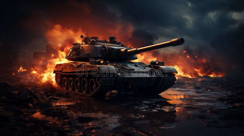 Intense War Zone Scene with Tank Amidst Conflict and Destruction Stock ...