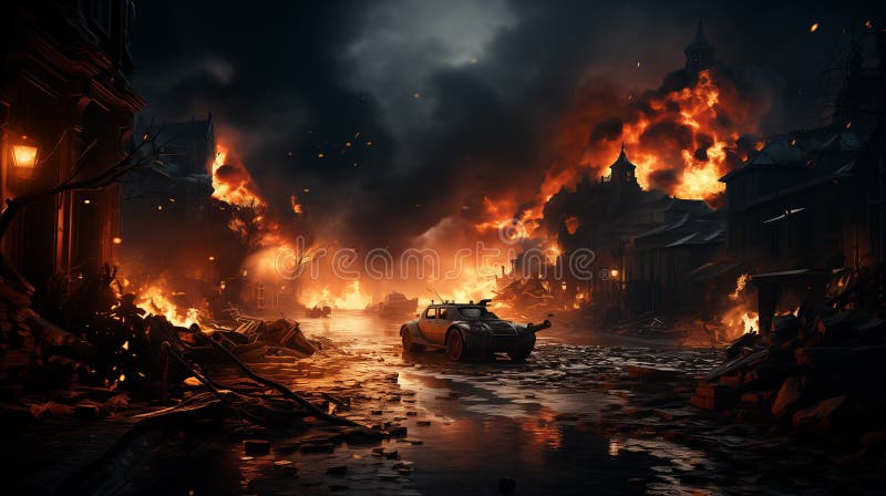 Intense War Zone Scene with Tank Amidst Conflict and Destruction Stock ...