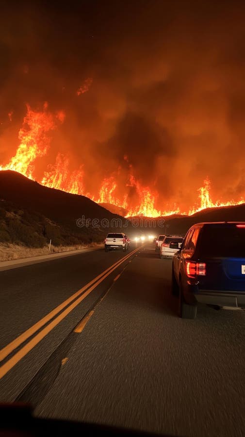 Intense Wildfire Approaching Highway with Stopped Vehicles Amid Sunset ...