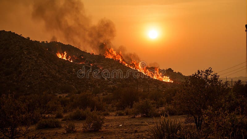 Intense Wildfire in Arid Iranian Mountains at Sunset Stock Illustration ...