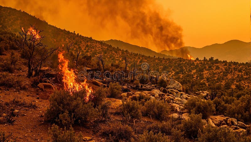Intense Wildfire in Arid Iranian Mountains at Sunset Stock Illustration ...