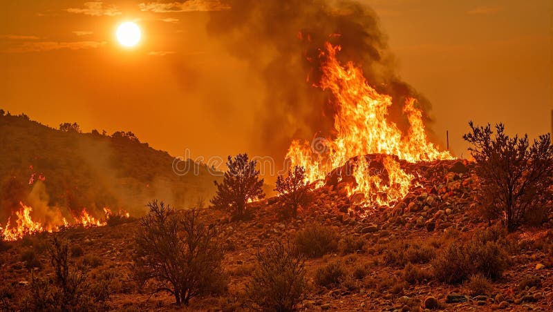 Intense Wildfire in Arid Iranian Mountains at Sunset Stock Illustration ...