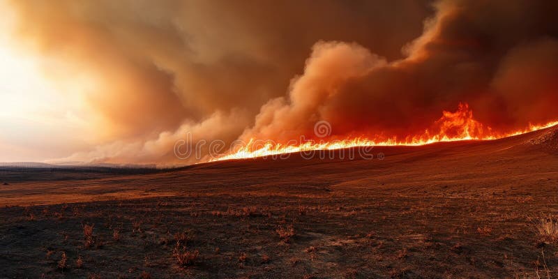 Intense Wildfire Blaze Engulfs Expansive Open Field Under Smoky Sky ...