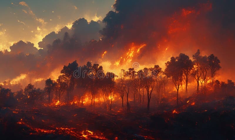 Intense Wildfire Blaze in Forest at Sunset Stock Illustration ...