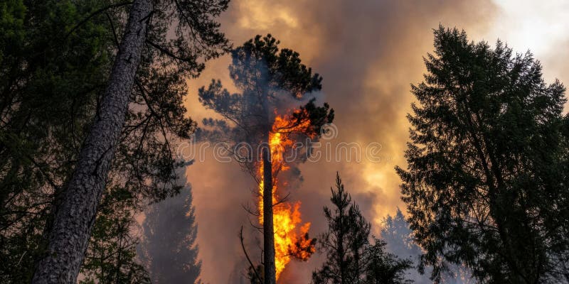 Intense Wildfire Consuming Pine Tree in Dense Forest Under Dramatic ...