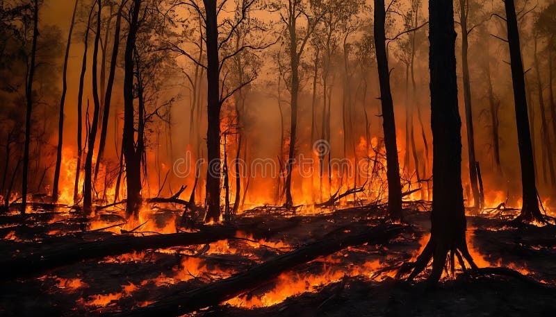 Intense Wildfire Devastating Forest Landscape with Flames and Smoke ...