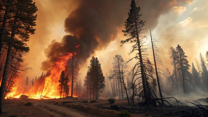 Intense Wildfire Engulfs a Forest with Tall Trees, Thick Smoke, and a ...