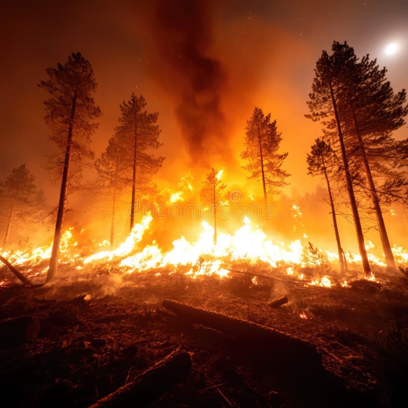 Intense Wildfire at Night Engulfing Trees and Forest Under a Smoky Sky ...