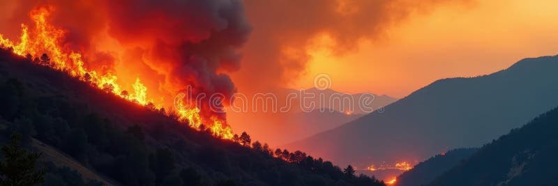 Intense Wildfire Raging Up Hillside, Thick Smoke Billowing , Dry, Fire ...