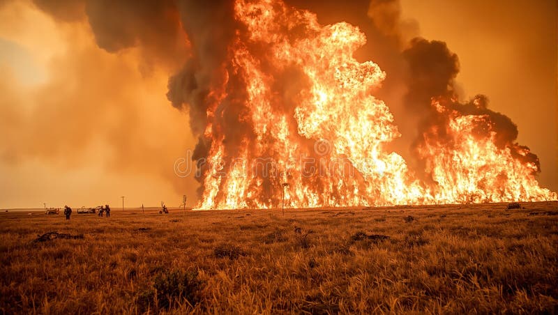 Intense Wildfire Ravaging the Great Plains with Firefighters Battling ...