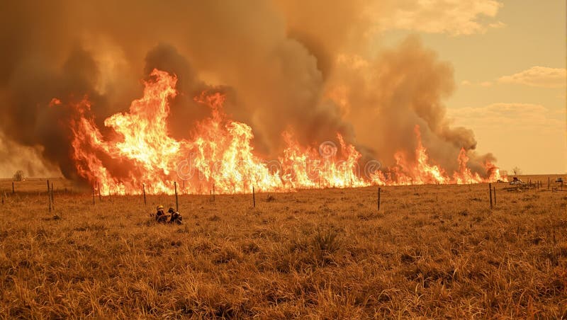 Intense Wildfire Ravaging the Great Plains with Firefighters Battling ...