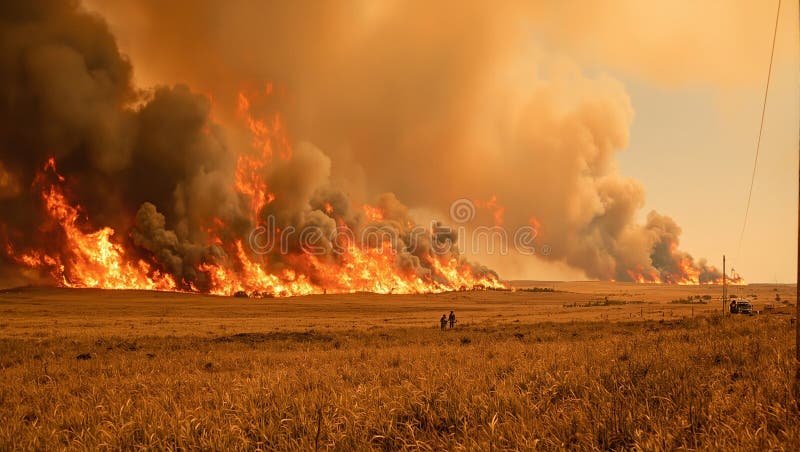Intense Wildfire Ravaging the Great Plains with Firefighters Battling ...