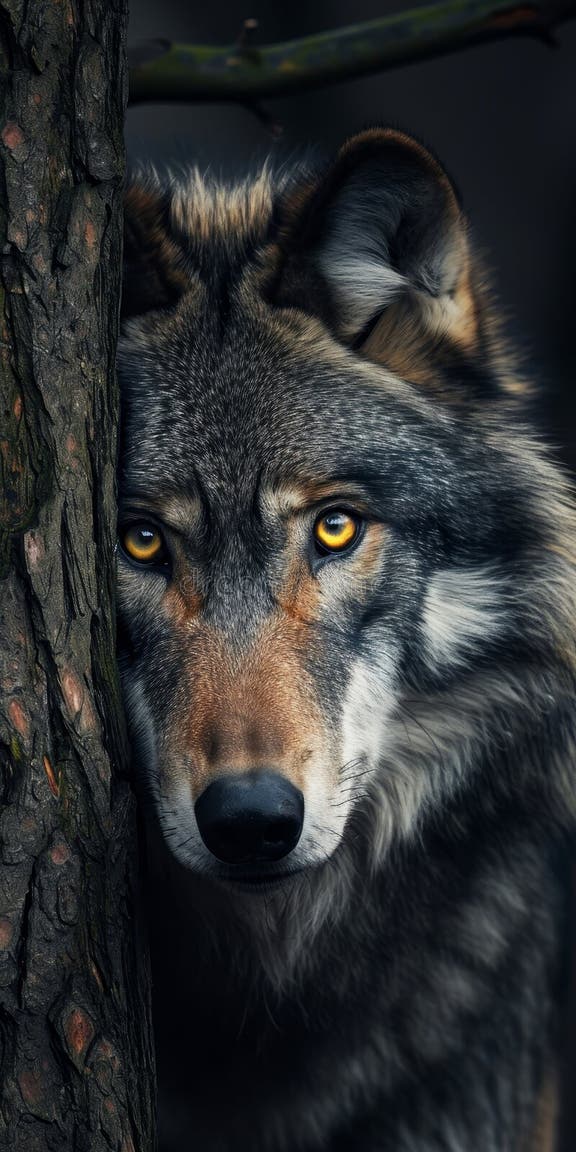 Intense Wolf Gaze from Behind a Tree Stock Illustration - Illustration of watching, vivid: 312538049