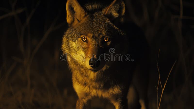 Intense Wolf Portrait at Night in Dark Forest Stock Illustration ...