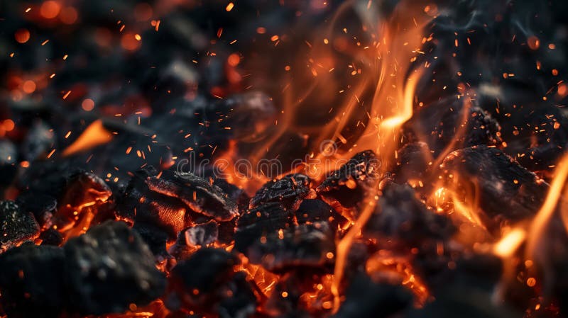 Intensely Burning Coals, with Sparks Flying and a Deep Orange Glow ...